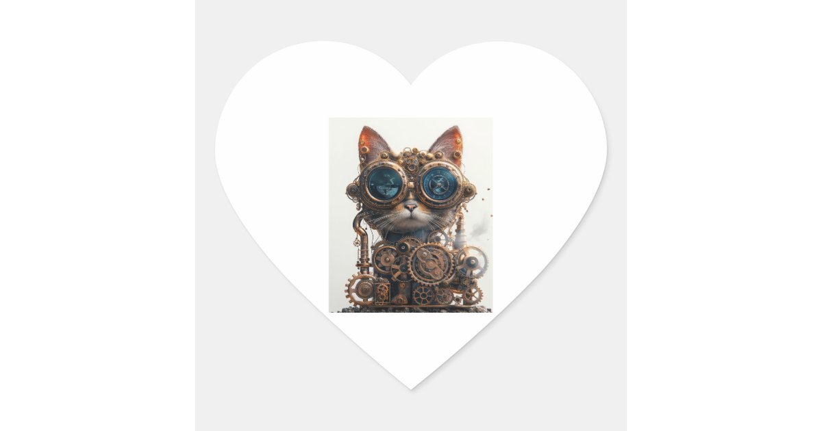 Steampunk Cat Inventor Heart Sticker | Zazzle