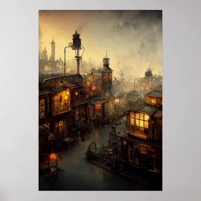Steampunk city poster, view from window poster | Zazzle