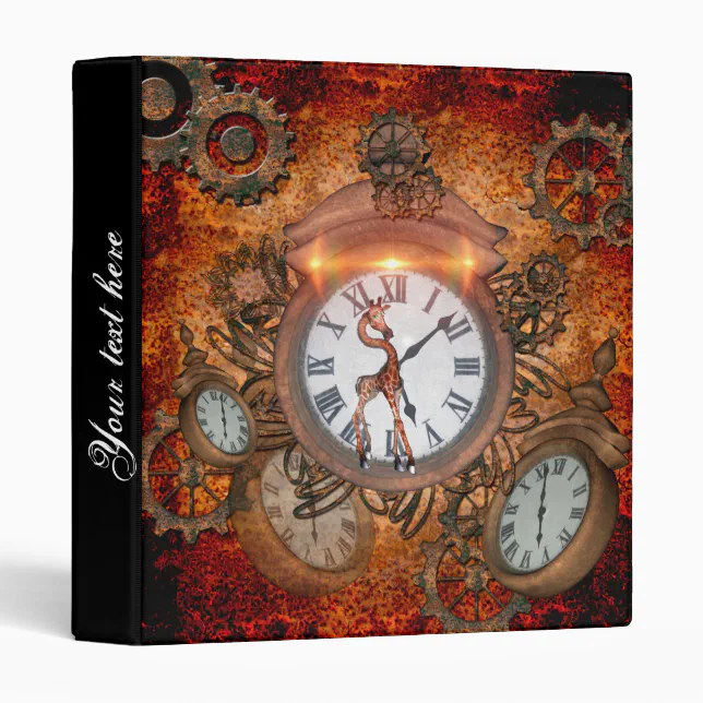 Steampunk, clock with cute giraffe, 3 ring binder | Zazzle