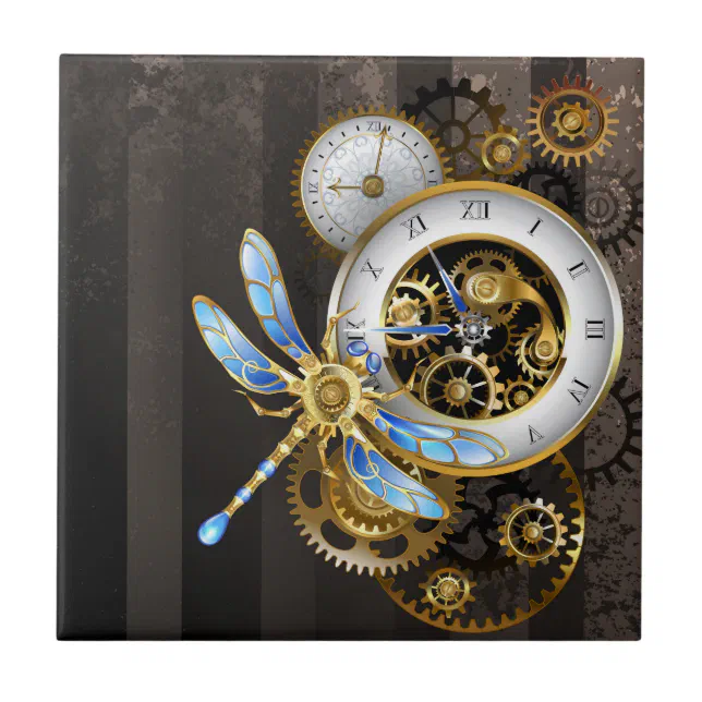 Steampunk Clock with Mechanical Dragonfly Ceramic Tile | Zazzle