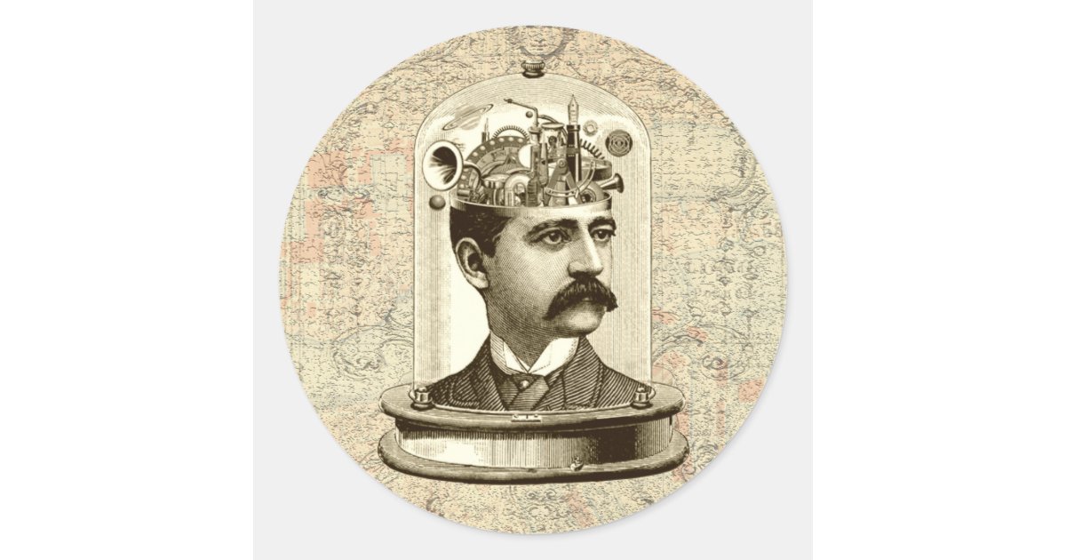 Steampunk clockwork brain head in jar classic round sticker | Zazzle