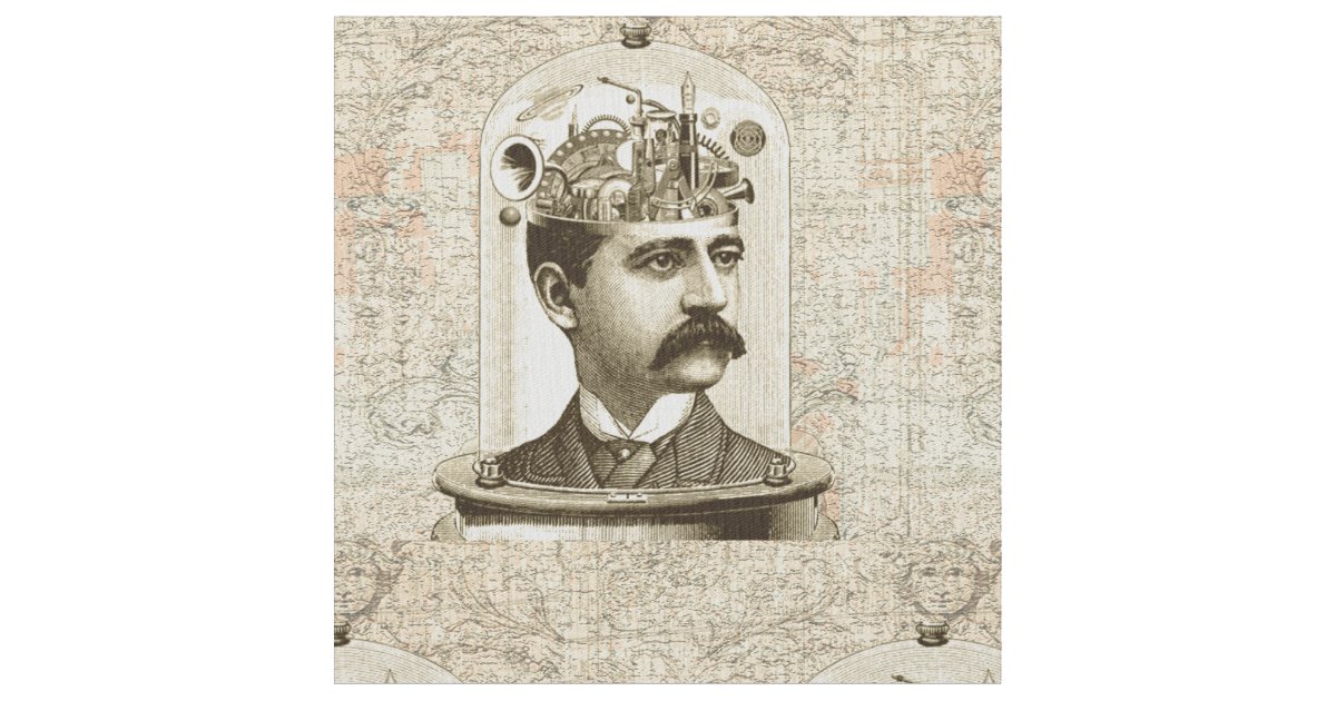 Steampunk clockwork brain moustache man fabric | Zazzle