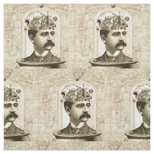 Steampunk clockwork brain moustache man fabric | Zazzle