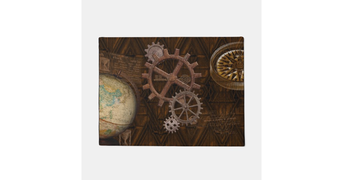 Steampunk Cogs , Gears, Globe & Skelton Key Doormat | Zazzle