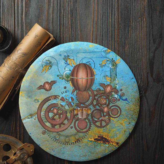 Steampunk Collage Aqua Copper Paper Plates | Zazzle