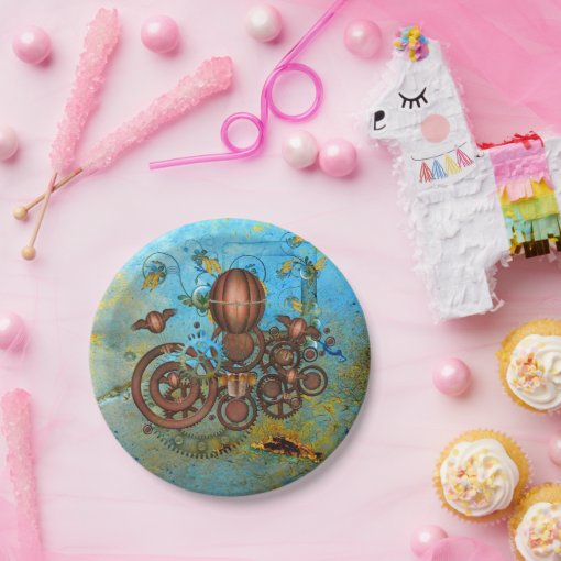 Steampunk Collage Aqua Copper Paper Plates | Zazzle