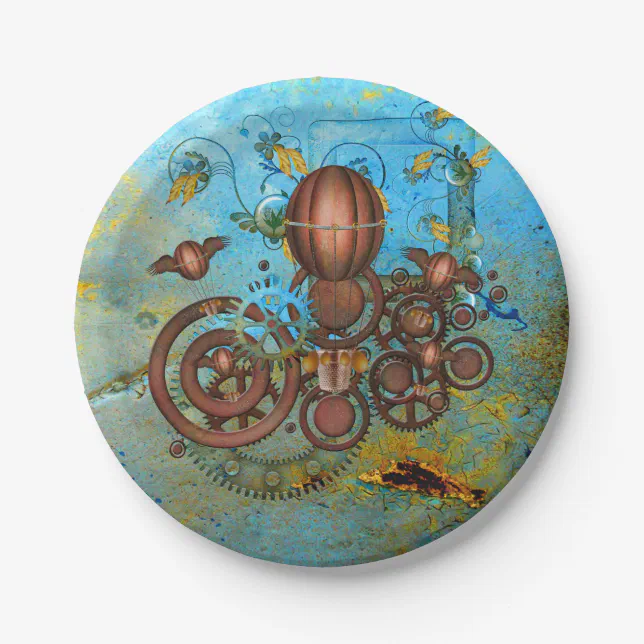 Steampunk Collage Aqua Copper Paper Plates | Zazzle