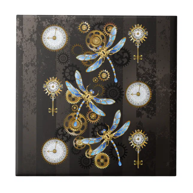 Steampunk Dragonflies on brown striped background Ceramic Tile | Zazzle