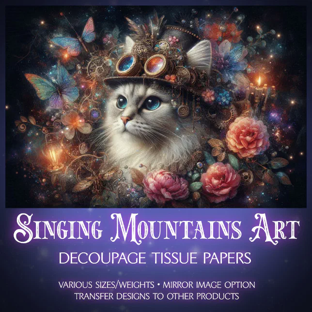 Steampunk Fantasy Cat Butterflies Decoupage Tissue Paper | Zazzle