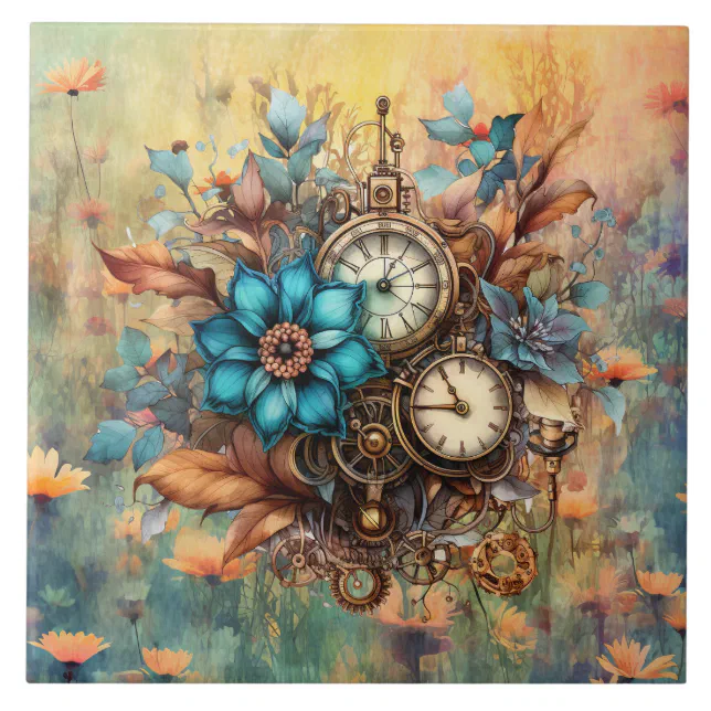 Steampunk Floral Decorative Ceramic Tile | Zazzle