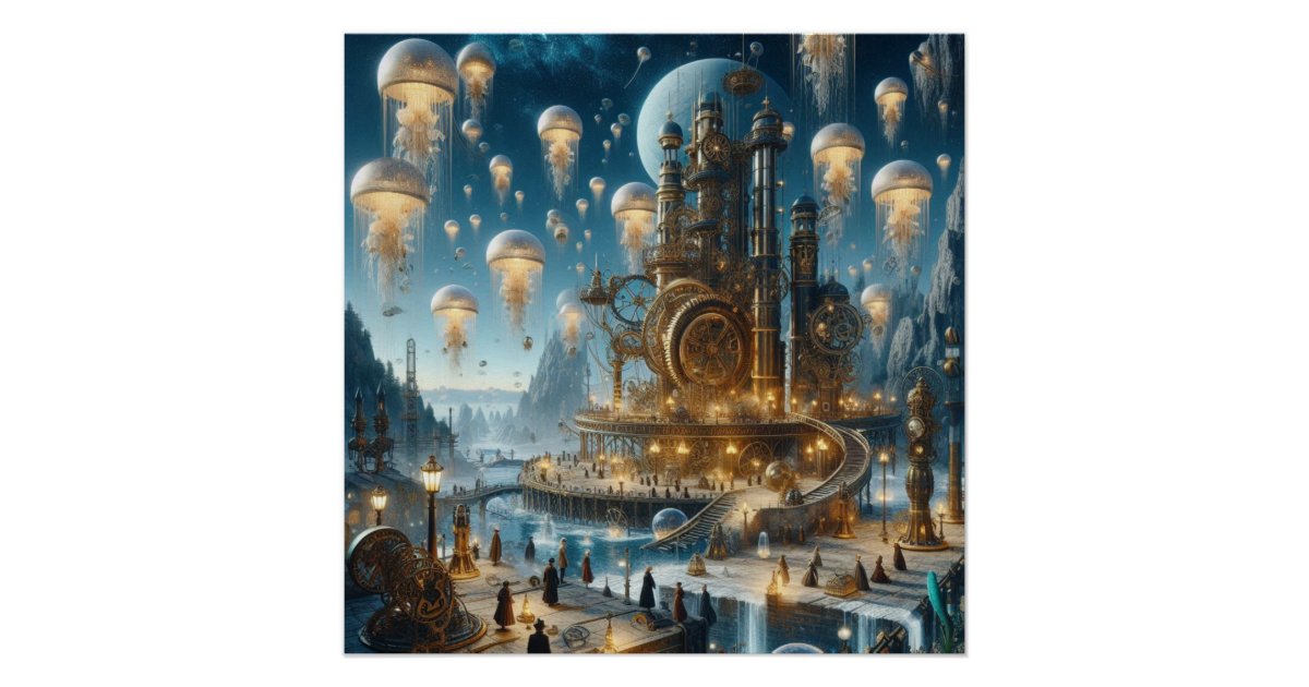 Steampunk Futuristic Ancient City with Jellyfish Poster | Zazzle