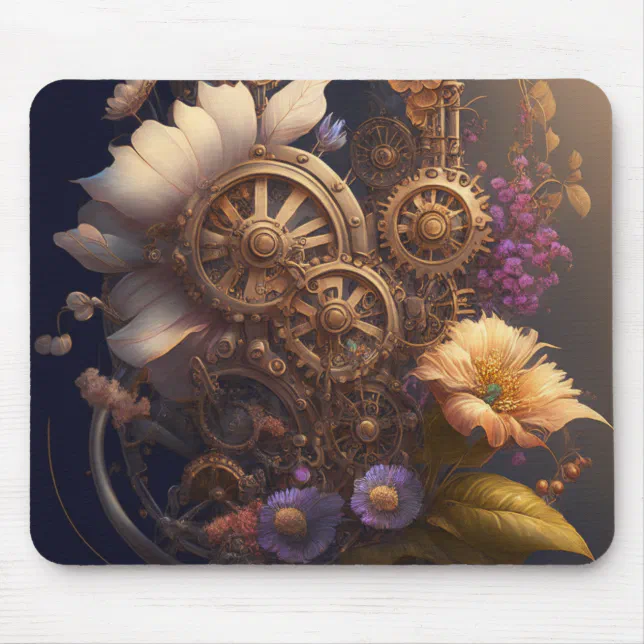 Steampunk Gears and Purple and White Flowers Mouse Pad | Zazzle