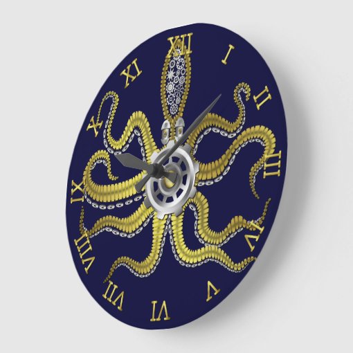 Steampunk Gears Octopus Kraken Nautical Gold Blue Large Clock | Zazzle