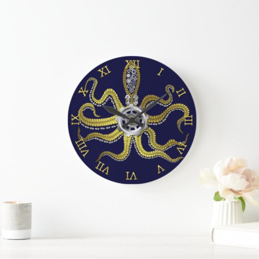 Steampunk Gears Octopus Kraken Nautical Gold Blue Large Clock | Zazzle