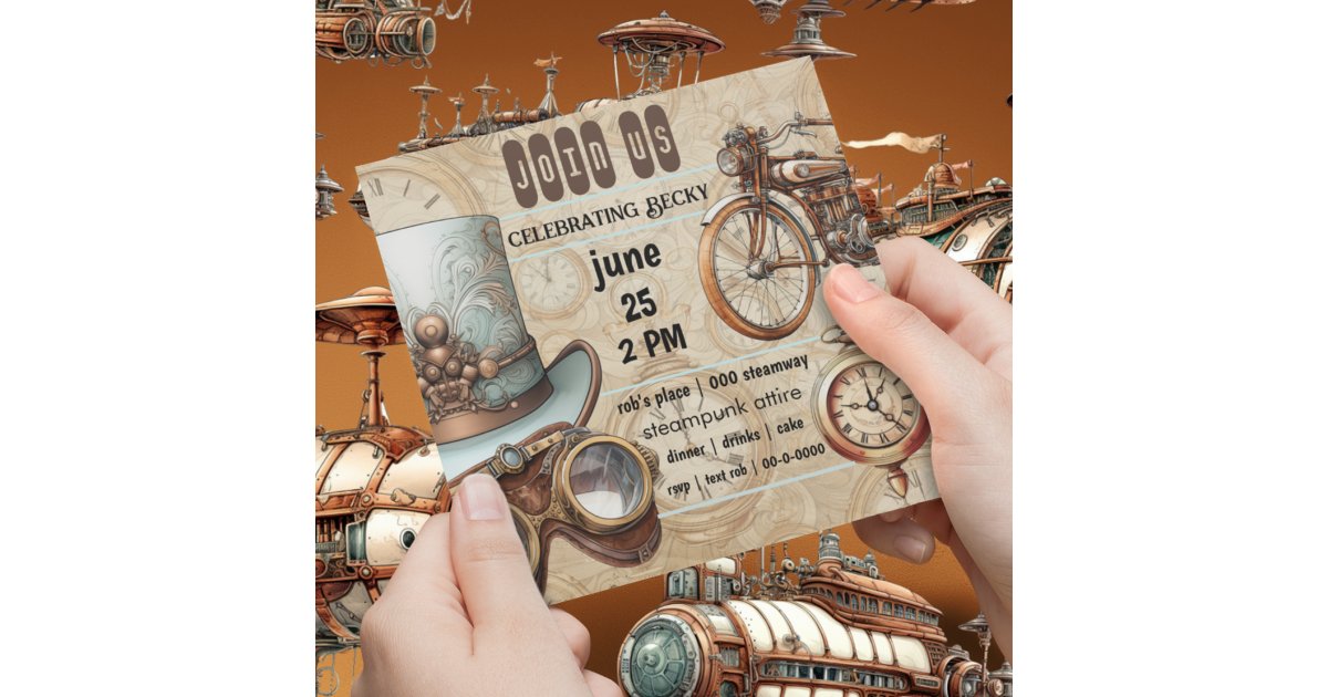 Steampunk Goggles Bike Top Hat Clocks Party Invitation | Zazzle
