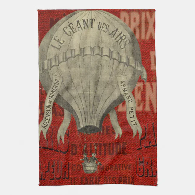 Steampunk Hot Air Ballon Ride Graphic Fonts in Red Kitchen Towel | Zazzle