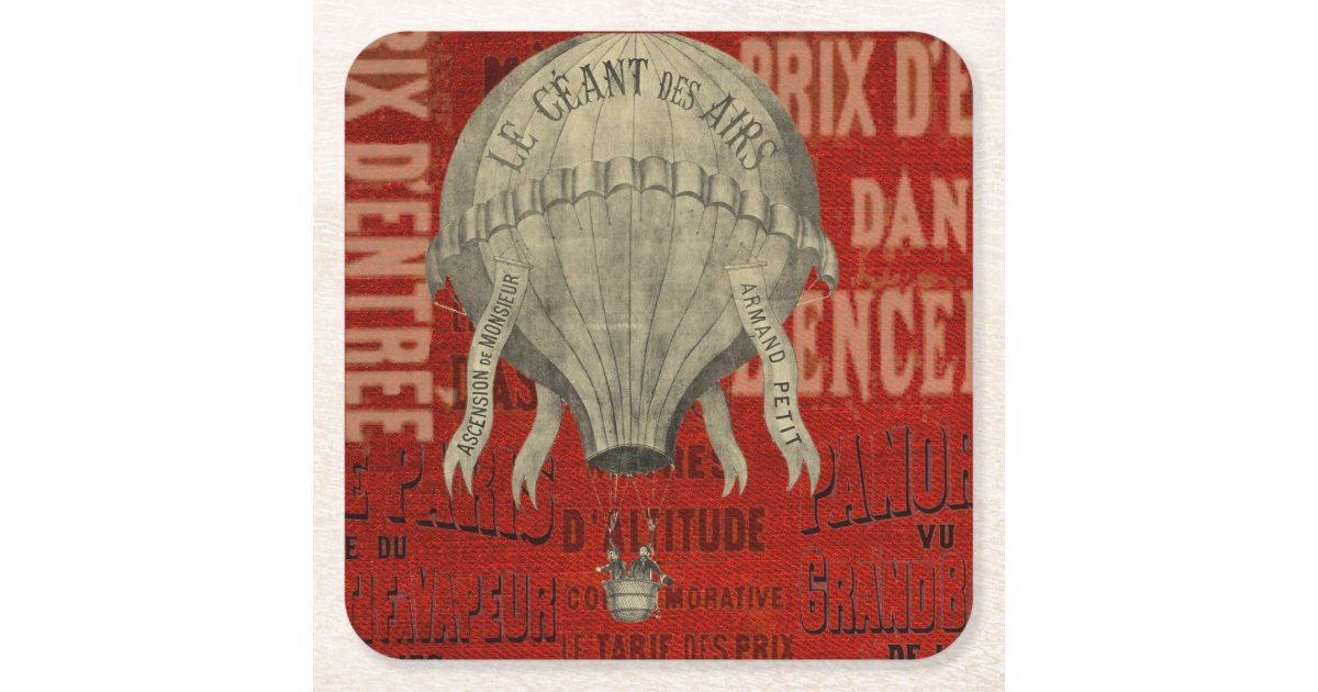 Steampunk Hot Air Ballon Ride Graphic Fonts in Red Square Paper Coaster ...