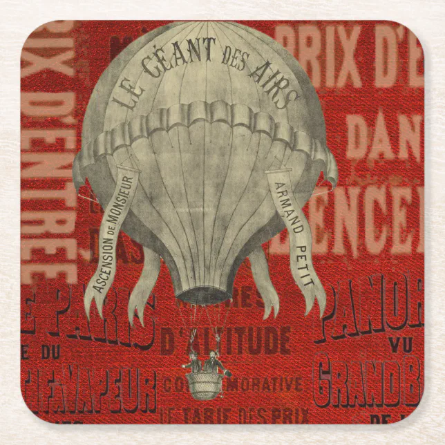 Steampunk Hot Air Ballon Ride Graphic Fonts in Red Square Paper Coaster ...