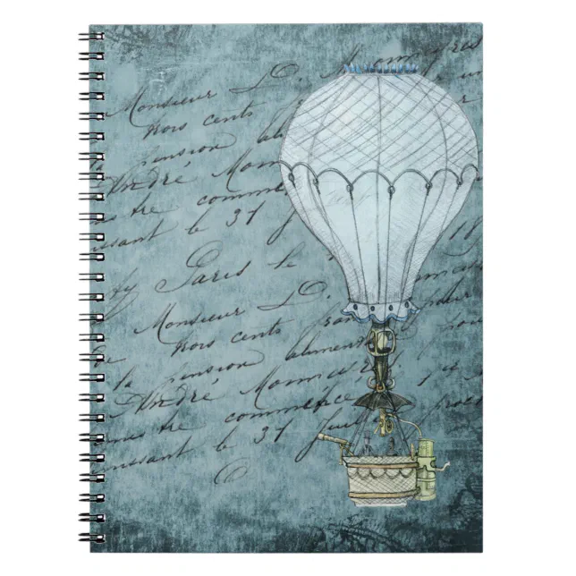 Steampunk Hot Air Balloon Dusk Blue Handwriting Notebook | Zazzle