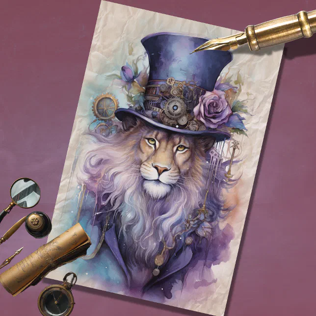 Steampunk Male Lion Purple Lilac Decoupage Paper | Zazzle