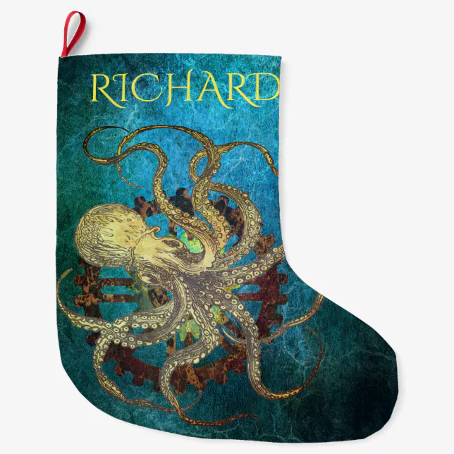 Steampunk Octopus & Clockwork Gears Large Christmas Stocking | Zazzle