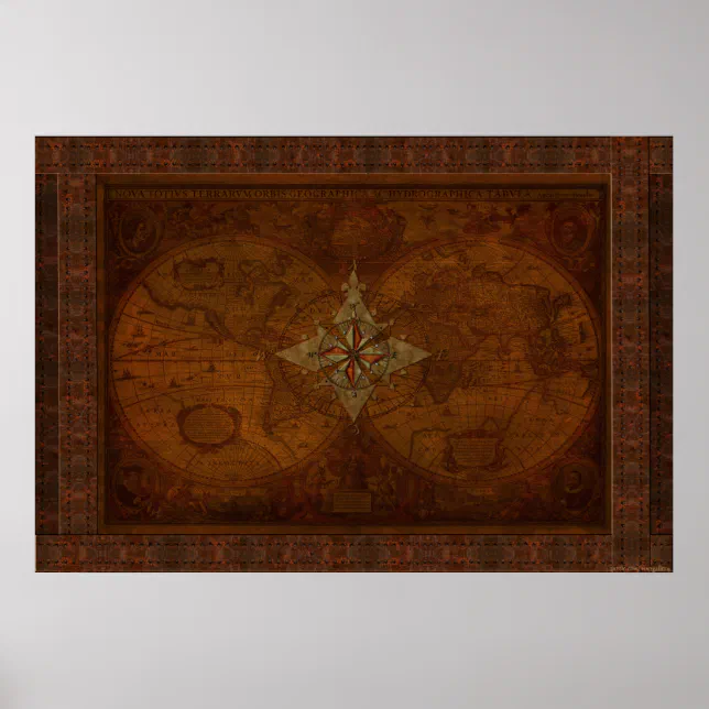 Steampunk Old World Map & Compass Rose Design Poster | Zazzle