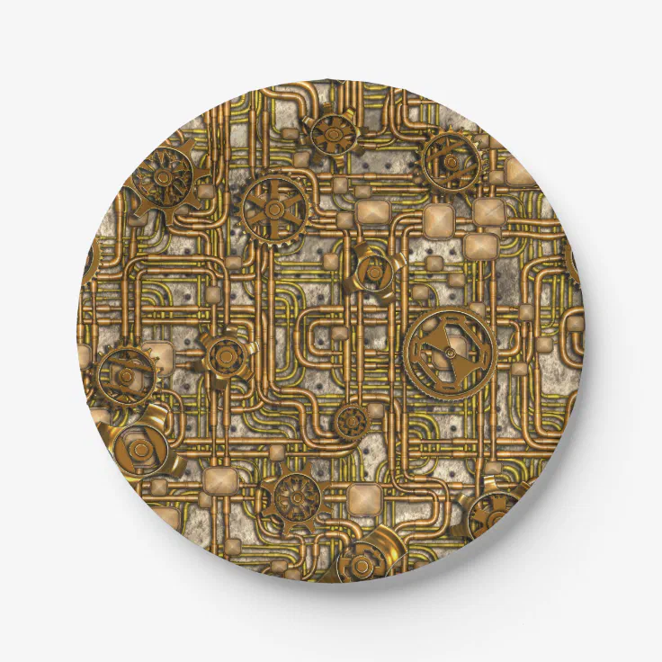 Steampunk Panel - Gears and Pipes - Brass Paper Plates | Zazzle