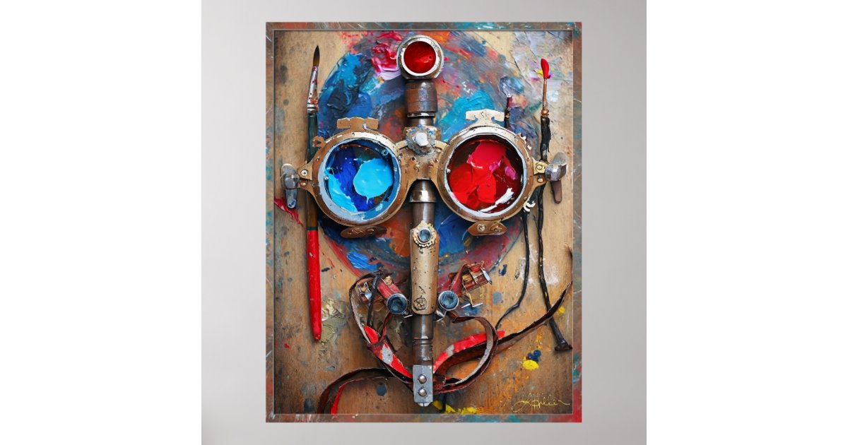 Steampunk Red Blue Goggles Graffiti Poster | Zazzle
