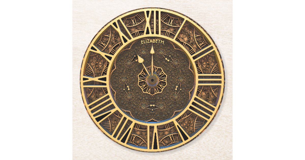Steampunk Retro Vintage Rusty Art Deco Clock Round Paper Coaster | Zazzle