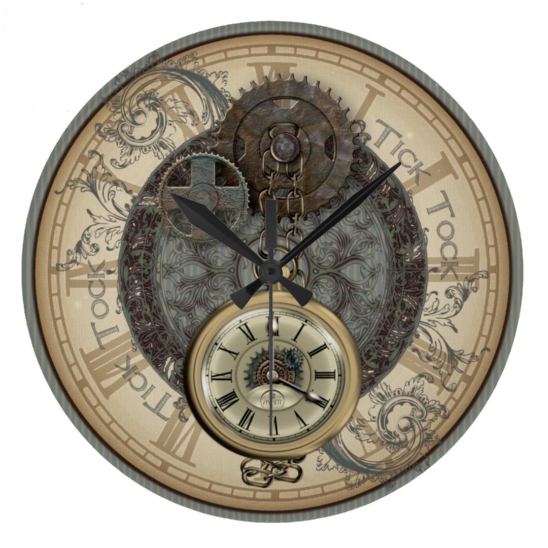 Steampunk Rusty Cogs And Pocket Watch Illustration Large Clock | Zazzle