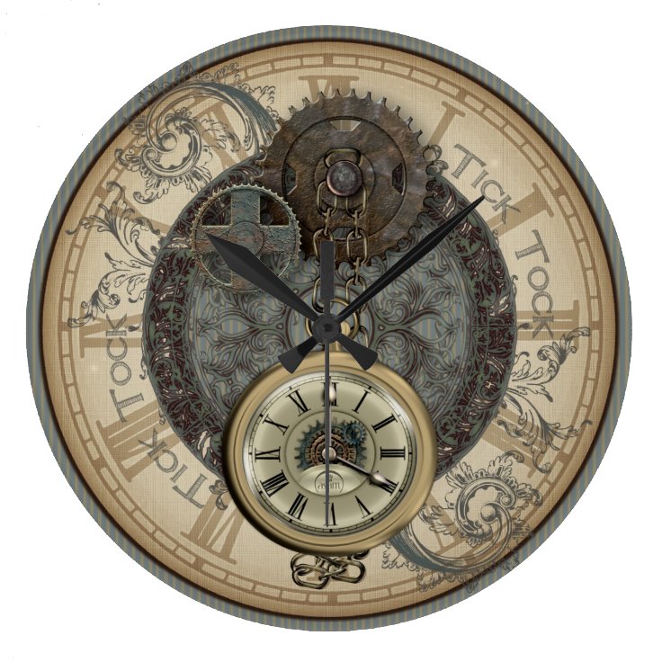 Steampunk Rusty Cogs And Pocket Watch Illustration Large Clock | Zazzle