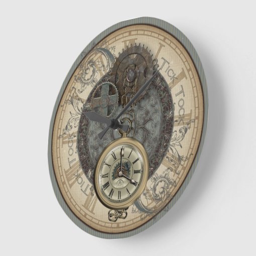 Steampunk Rusty Cogs And Pocket Watch Illustration Large Clock | Zazzle
