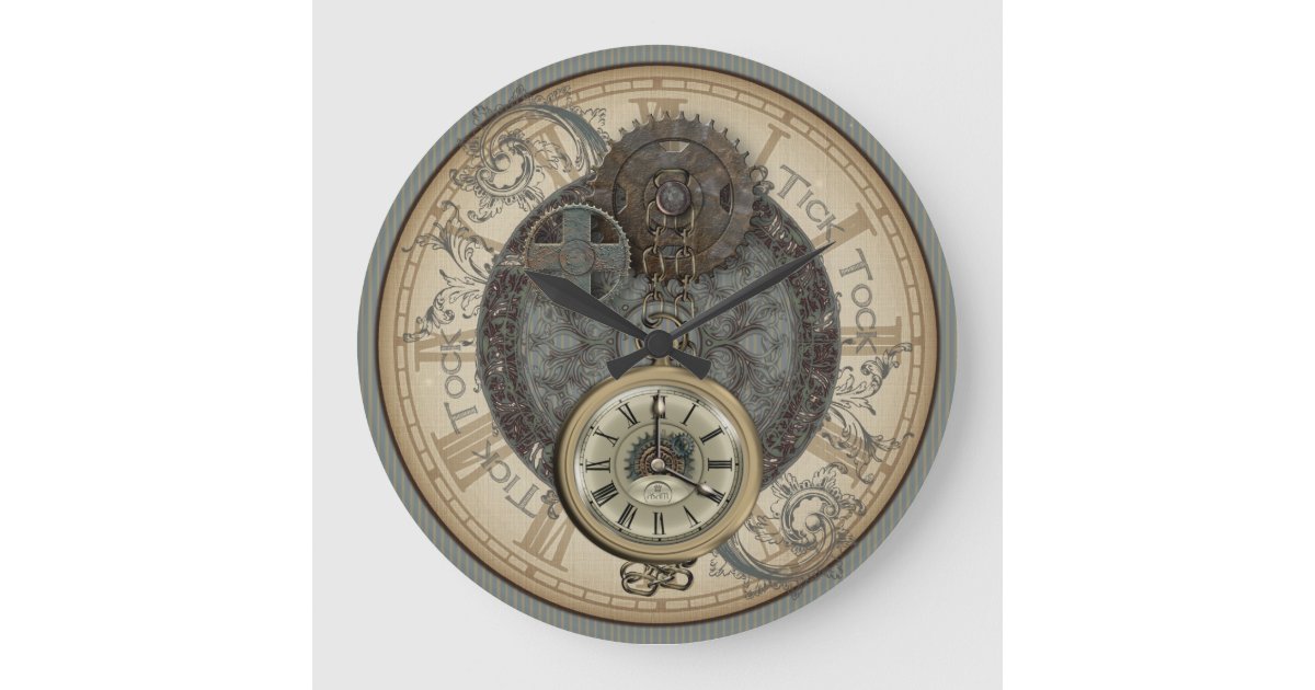 Steampunk Rusty Cogs And Pocket Watch Illustration Large Clock | Zazzle