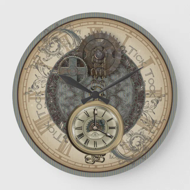 Steampunk Rusty Cogs And Pocket Watch Illustration Large Clock | Zazzle