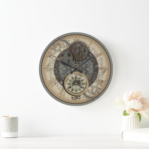 Steampunk Rusty Cogs And Pocket Watch Illustration Large Clock | Zazzle
