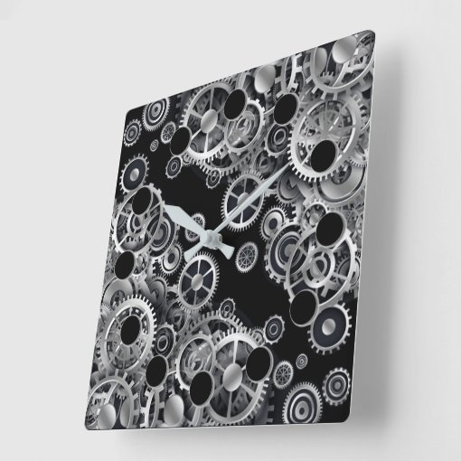 Steampunk Silver Gears 2 Square Wall Clock | Zazzle