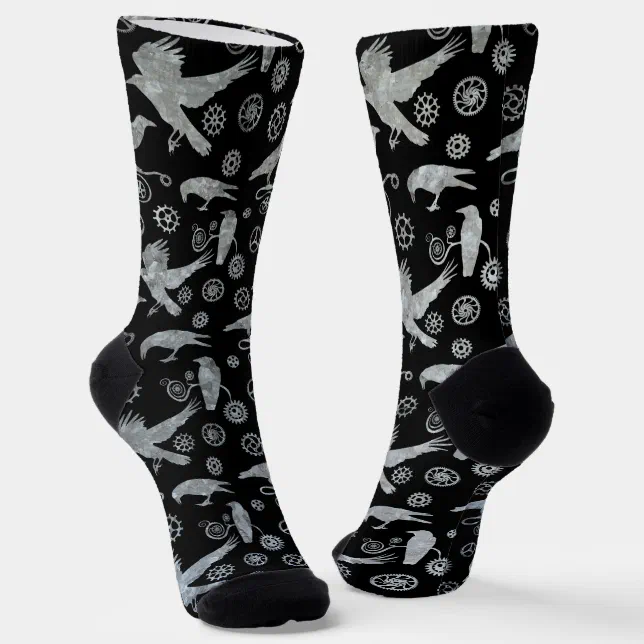 Steampunk Silver Zinc Crows and Gears Socks | Zazzle