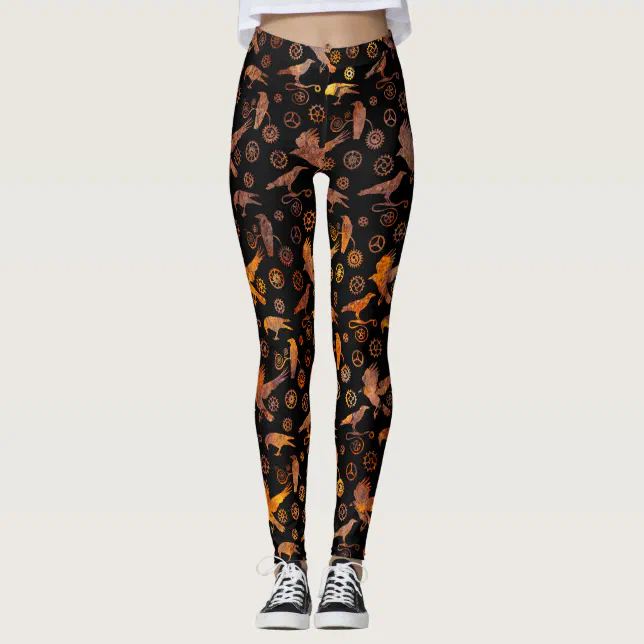 Steampunk Super Colorful Rusty Gears and Crows Leggings | Zazzle