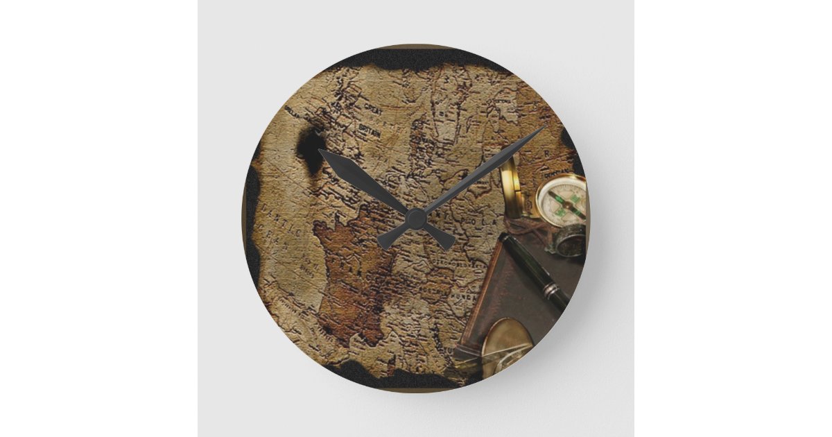 Steampunk time travel accessories, map,compass round clock | Zazzle