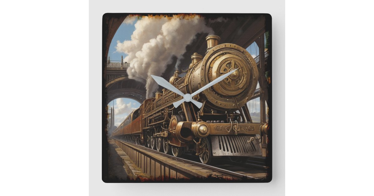 Steampunk Train and Victorian Bridge Square Wall Clock | Zazzle