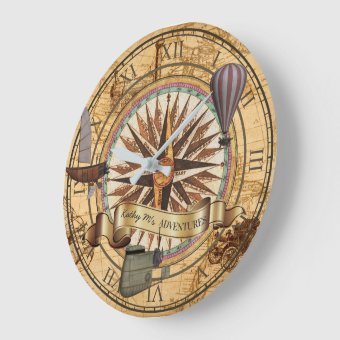 Steampunk Travel Antique Map Compass Adventure Large Clock | Zazzle