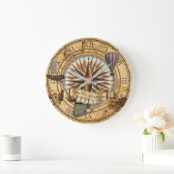 Steampunk Travel Antique Map Compass Adventure Large Clock | Zazzle