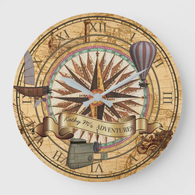Steampunk Travel Antique Map Compass Adventure Large Clock | Zazzle