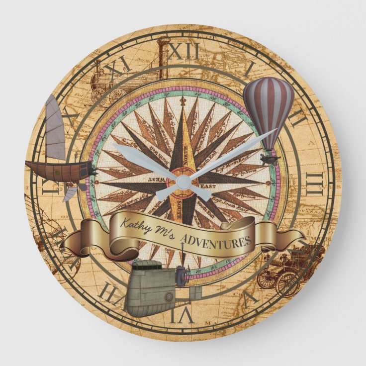 Steampunk Travel Antique Map Compass Adventure Large Clock | Zazzle