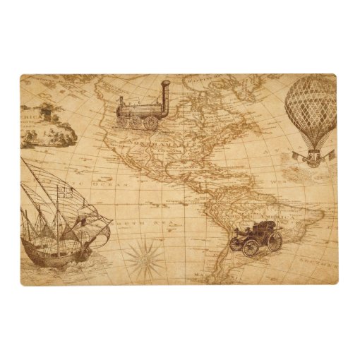 Steampunk Travel Antique Map Compass Adventure Placemat | Zazzle