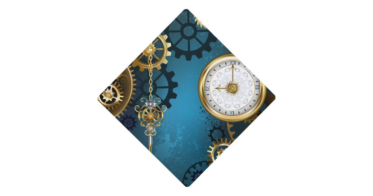Steampunk turquoise Background with Gears Graduation Cap Topper | Zazzle