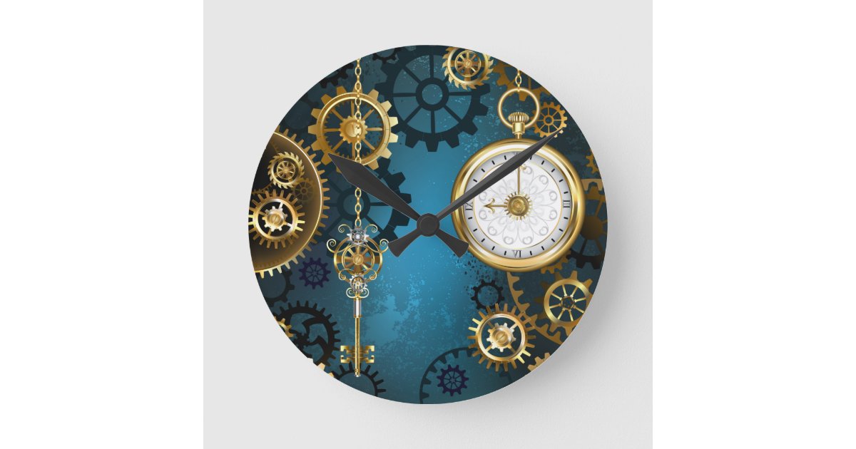 Steampunk turquoise Background with Gears Round Clock | Zazzle