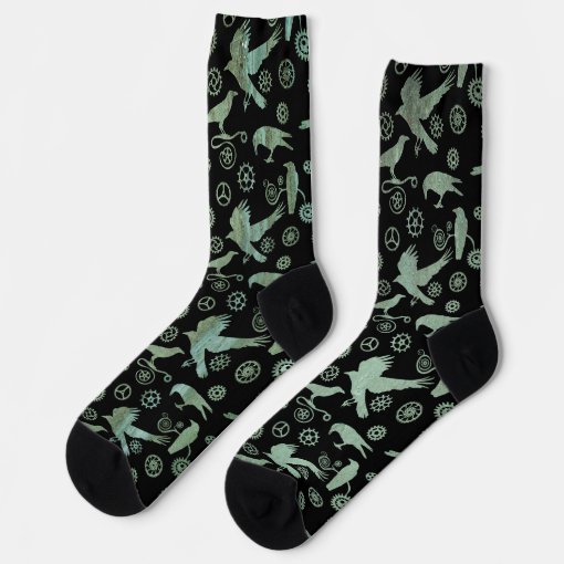 Steampunk Verdigris Bronze Crows and Gears Socks | Zazzle