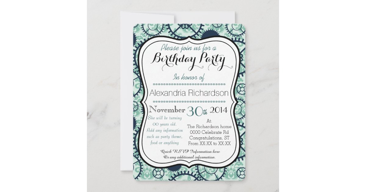 Steampunk watch gear and damask birthday party invitation | Zazzle