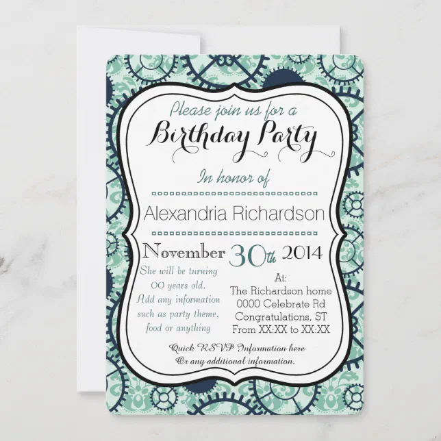Steampunk watch gear and damask birthday party invitation | Zazzle